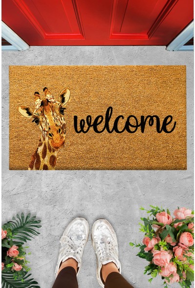 Cekuonline Coco Koko Paspas Pvc Taban Kıl Kapı Önü Paspası 40X70 Welcome Zürafa Tema