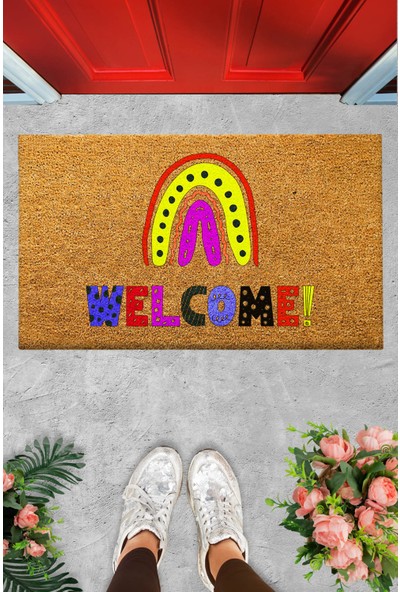 Cekuonline Coco Koko Paspas Pvc Taban Kıl Kapı Önü Paspası 40X70 Rainbow Welcome