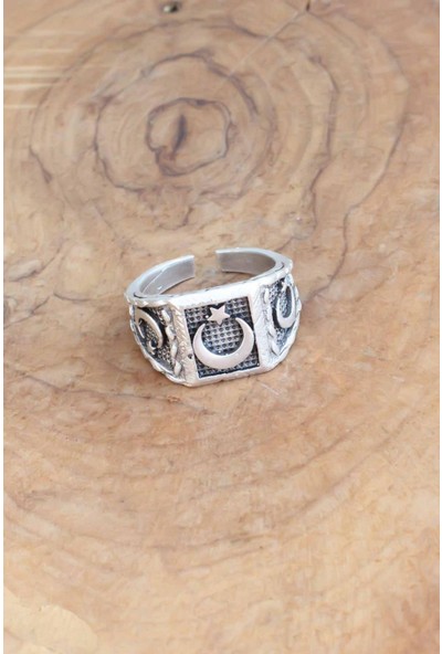 Clariss Türk Bayrağı Desenli Gümüş Renk Ayarlanabilir Erkek Yüzük