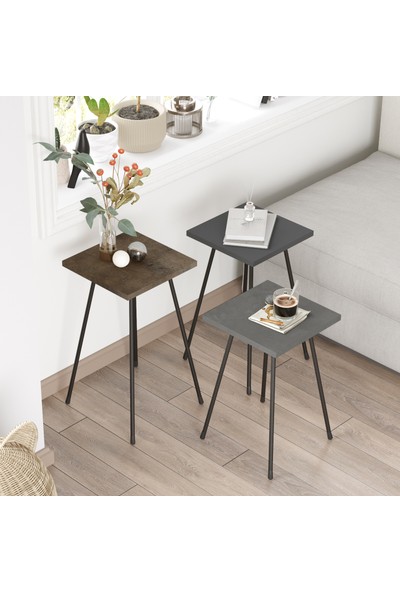 Robin Home Robin Home otto 3'lü Zigon Sehpa Metal Ayaklı Antrasit Beton Bronz