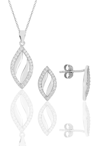 Söğütlü Silver Gümüş Rodyumlu Zirkon Taşlı Mekik Kolye ve Kupe Ikili Set..