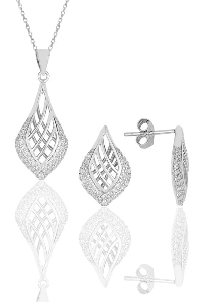 Söğütlü Silver Gümüş Rodyumlu Zirkon Taşlı Desenli Kolye Kupe Ikili Set..