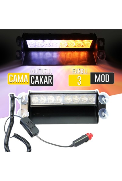 C9 Araç Içi Vantuzlu Cama Yapışabilen 8 LED Turuncu Beyaz LED Çakar C9 Araç Içi Vantuzlu Cama Yapışabilen 8 LED Turuncu Beyaz LED Çakar