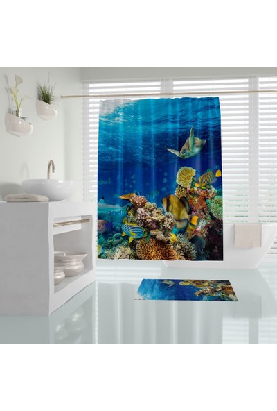 Tropik Home Akvaryum Desen Banyo PERDESI-180X200 cm Duş Perdesi, Dijital Baskılı Tek Kanat Küvet Perdesi