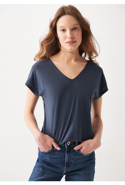 Mavi Lux Touch V Yaka Mavi Tişört