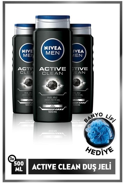 Nıvea Men Active Clean Erkek Duş Jeli 3x 500ML Adet + Banyo Lifi Nıvea Men Active Clean Erkek Duş Jeli 3x 500ML Adet + Banyo Lifi