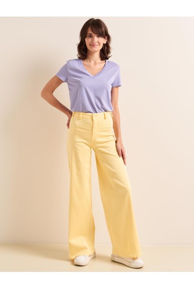 Jimmy Key Kadın Sarı Yüksek Bel Ispanyol Paça Gabardin Pantolon
