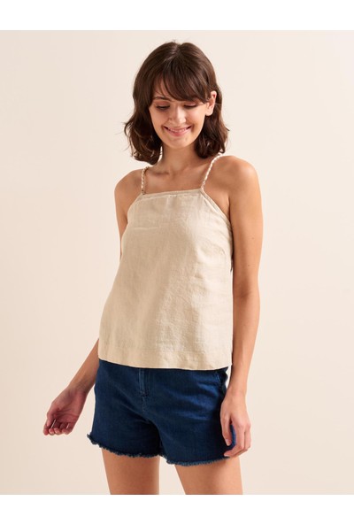 Jimmy Key Kadın Bej Dar Kesim Askılı Açık Yaka Keten Bluz