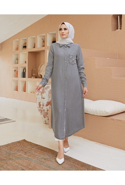 6518 Gri Cepli Taşlı Tunik 6518 Gri Cepli Taşlı Tunik