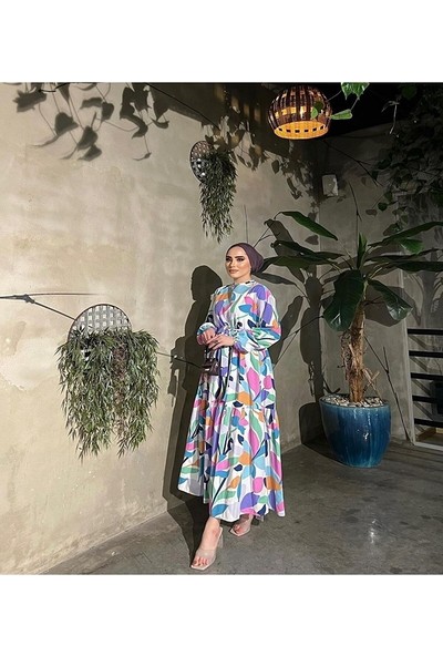 Modayseli Kadın Lila Çiçek Desenli Tricotton Tam Boy Elbise
