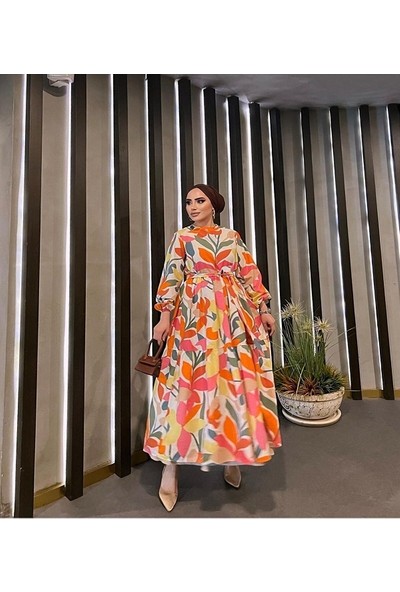 Kadın Turuncu Çiçek Desenli Tricotton Tam Boy Elbise
