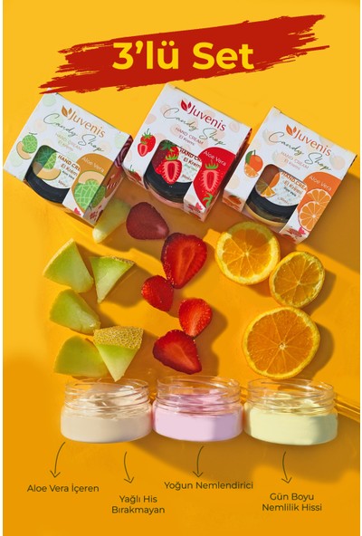 3'lü Set Yoğun Nemlendirici Cilt Yatıştırıcı Aloevera Portakal Kavun ve Çilek Kokulu El Kremi 50ML 3'lü Set Yoğun Nemlendirici Cilt Yatıştırıcı Aloevera Portakal Kavun ve Çilek Kokulu El Kremi 50ML