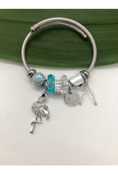 Saccuro Charmlı Pandora Flamingo Detaylı Kristal Taşlı Çelik Bileklik Mavi