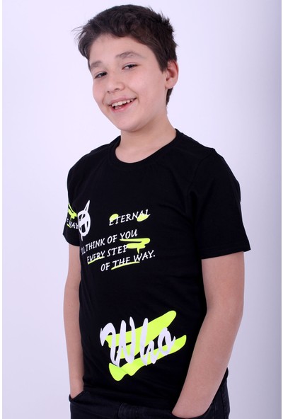 Who Yazı Baskılı Fosforlu Sıfır Yaka T-Shirt