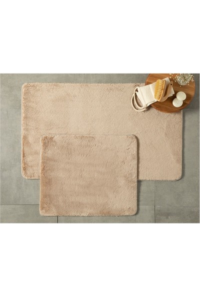 Dinarsu Poffy 2'li Banyo Paspası Setı 60 x 100 cm - 50 x 60 cm Vizon