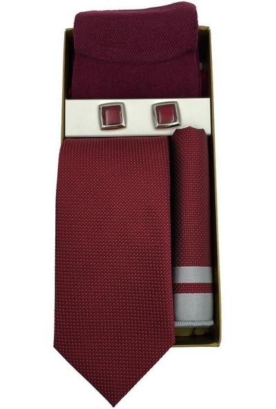 Brianze Bordo Beyaz Nokta Desen Kravat Mendil Kol Düğmesi ve Çorap Hediyelik Set Brianze Bordo Beyaz Nokta Desen Kravat Mendil Kol Düğmesi ve Çorap Hediyelik Set