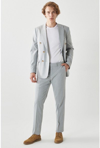 ALTINYILDIZ CLASSICS Erkek Gri Slim Fit Dar Kesim Kırlangıç Yaka Çizgili Takım Elbise