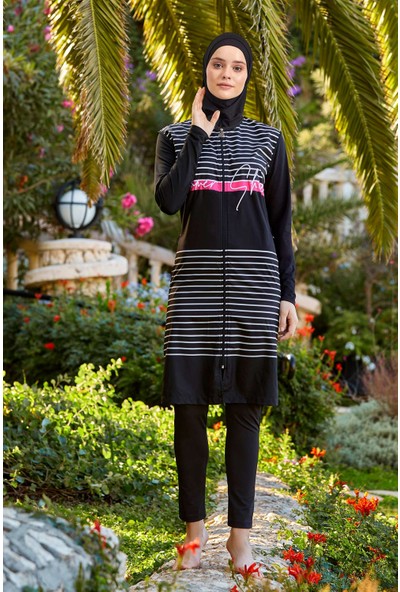 Adasea Maresiva Çizgili Fermuarlı Tesettür Mayo Takım Hijab Swimsuit 0542
