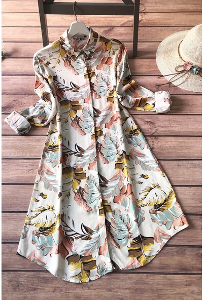 Öz Moda Yaprak Viskon Tunik - Krem