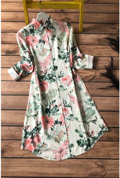Öz Moda Kadın Beyaz Gül Desen Viskon Tunik