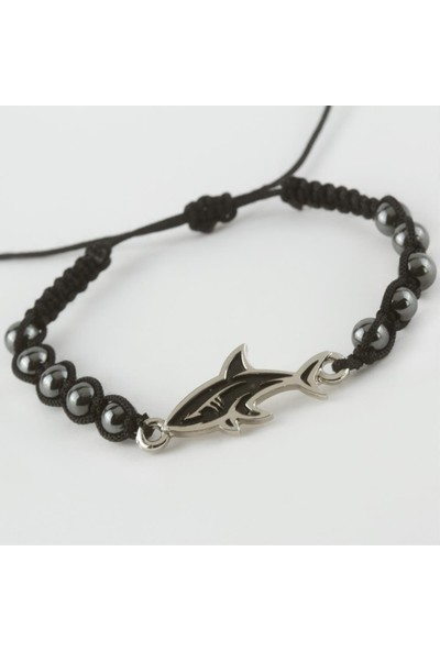 Strongart Köpek Balığı Figürlü Hematit Doğaltaşlı Makrome Örgülü Bileklik