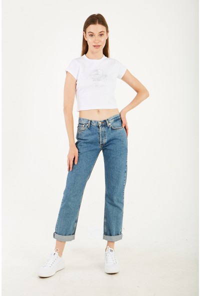 Bexy Lena - %100 Pamuk Taşlı Baskılı Beyaz Tişört | 160540-1