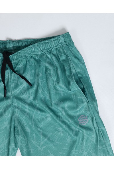 Smash & Slice Erkek Çocuk Antrenman Cepli Spor Şort - Koyu Yeşil Baskılı