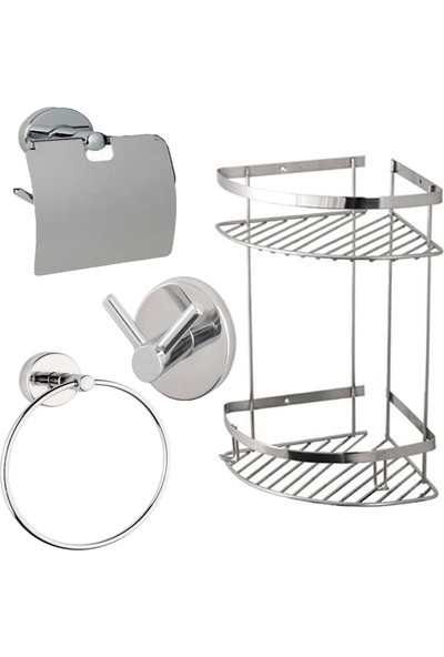 Fnd Home 4 Lü Banyo Seti Paslanmaz Çelik Köşe Raf Şampuanlık 2 Katlı