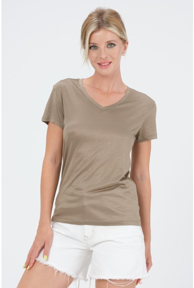 Rich Haki Kadın V Yaka T-Shirt Tişört