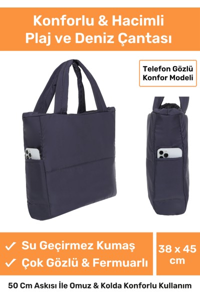 Lacheln Kadın Gri Fermuarlı Su Geçirmez Plaj Çantası Deniz Kumsal Iç Cepli Büyük Plaj Çantası