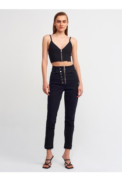 Dilvin Siyah Fermuarlı Crop Top