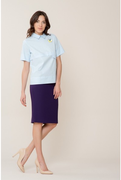 Işleme ve Broş Detaylı Mavi Poplin Bluz