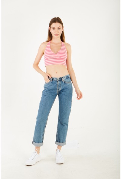 Bexy Mirabella - %100 Pamuk Askılı Pembe Çizgili Bluz | 160546-1