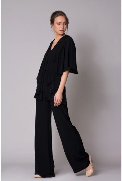 Fırfırlı V Yaka Siyah Tulum