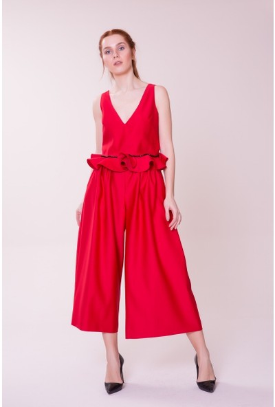 Fırfır Detaylı Kırmızı Bluz-Pantolon Kadın Takım
