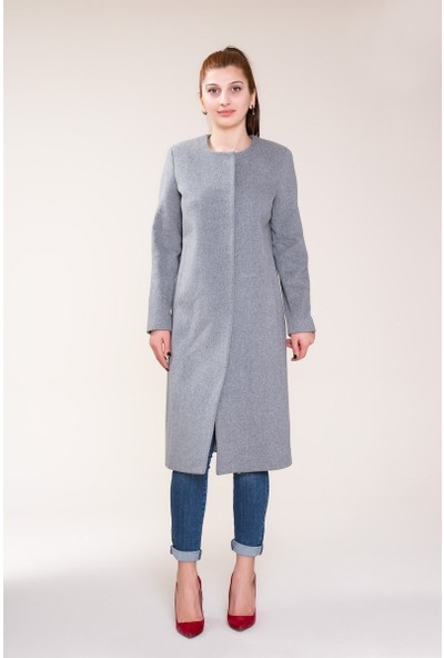 Yuvarlak Yaka Kaşe Gri Kaban