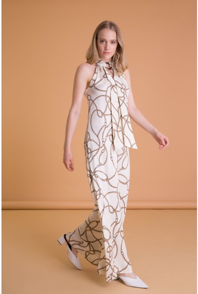 Zincir Desenli Boyundan Askılı Ekru Tulum