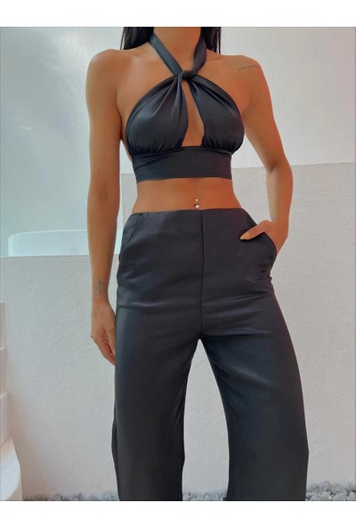 Ello Saten Crop Top Kemersiz Palazzo Pantolon Kadın Takım