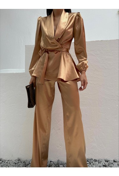 Ello Balon Kol Saten Kuşaklı Pantolon Ceket Kadın Takım