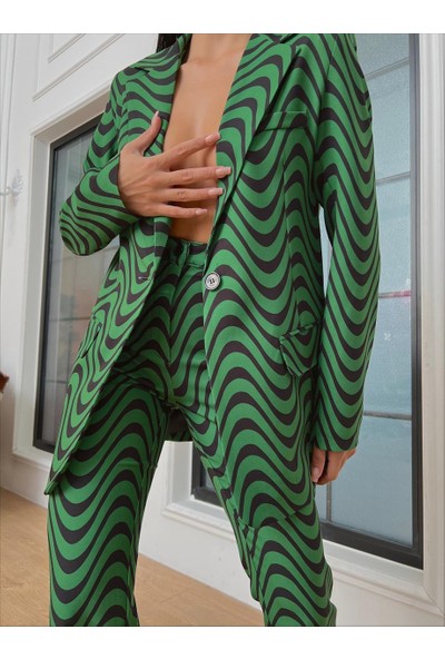 Ello Dalgalı Desen Tasarım Blazer Ceket Pantolon Kadın Takım Ello Dalgalı Desen Tasarım Blazer Ceket Pantolon Kadın Takım