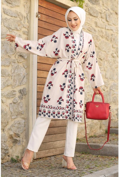 İmaj Butik Desenli Keten Tesettür Kimono/bordo