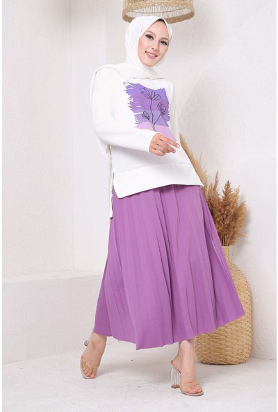 İmaj Butik Üst Baskı Detaylı Sweat Etekli Tesettür Takım/mor
