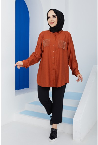 İmaj Butik Büyük Beden Cepli Taşlı Tesettür Gömlek/kiremit