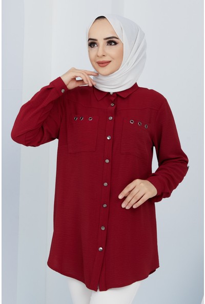 İmaj Butik Büyük Beden Zımba Detaylı Tesettür Gömlek/bordo