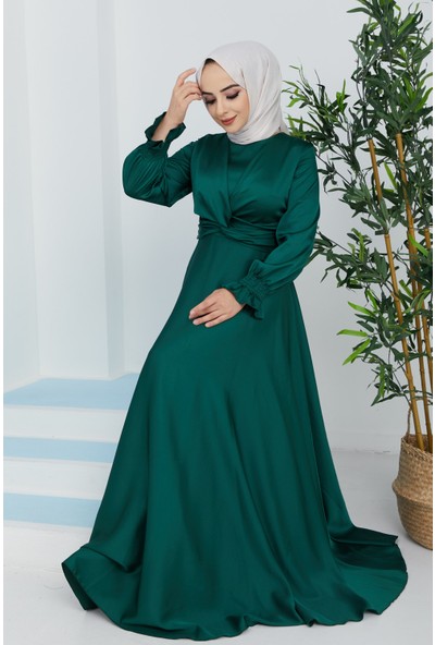 İmaj Butik Bilek Büzgülü Mevlana Saten Tesettür Abiye/zümrüt