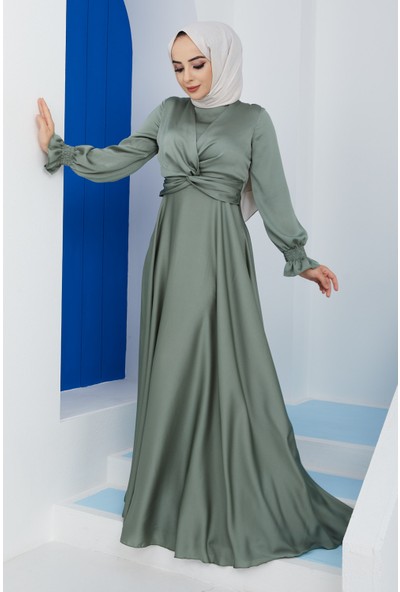 İmaj Butik Bilek Büzgülü Mevlana Saten Tesettür Abiye/mint