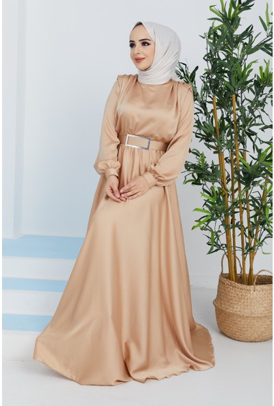 İmaj Butik Omuz Vatkalı Mevlana Saten Tesettür Abiye/bej