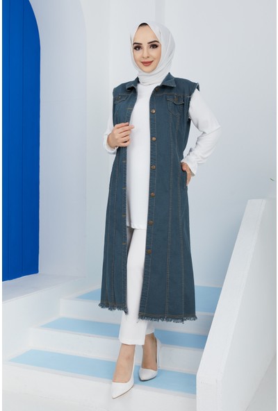 İmaj Butik Uzun Keten Yelek/haki