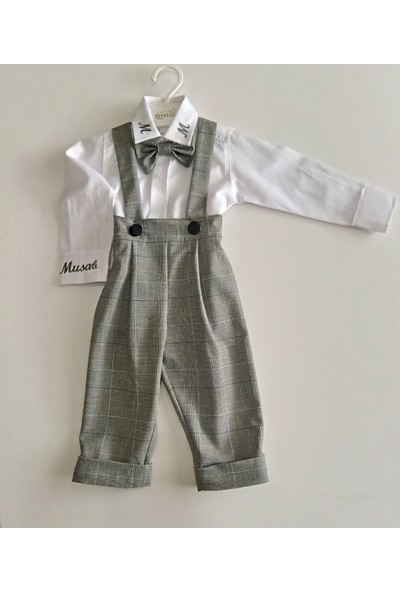 Isme Özel Erkek Çocuk-Bebek Askılı Gömlekli Grirenkli Pantolon Takımı
