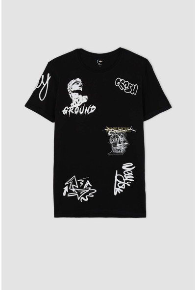 DeFacto Long Fit Bisiklet Yaka Baskılı Pamuklu Penye Tişört X5889AZ22SM